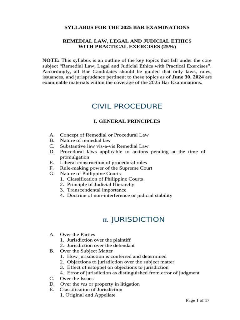 2025 Bar Exam Syllabus: Remedial Law | PDF | Lawsuit | Injunction