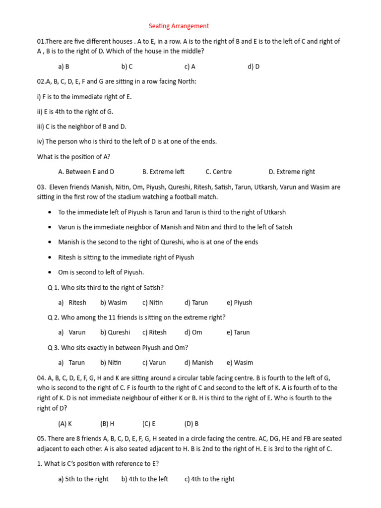 Seating Arrangement Puzzles Explained | PDF