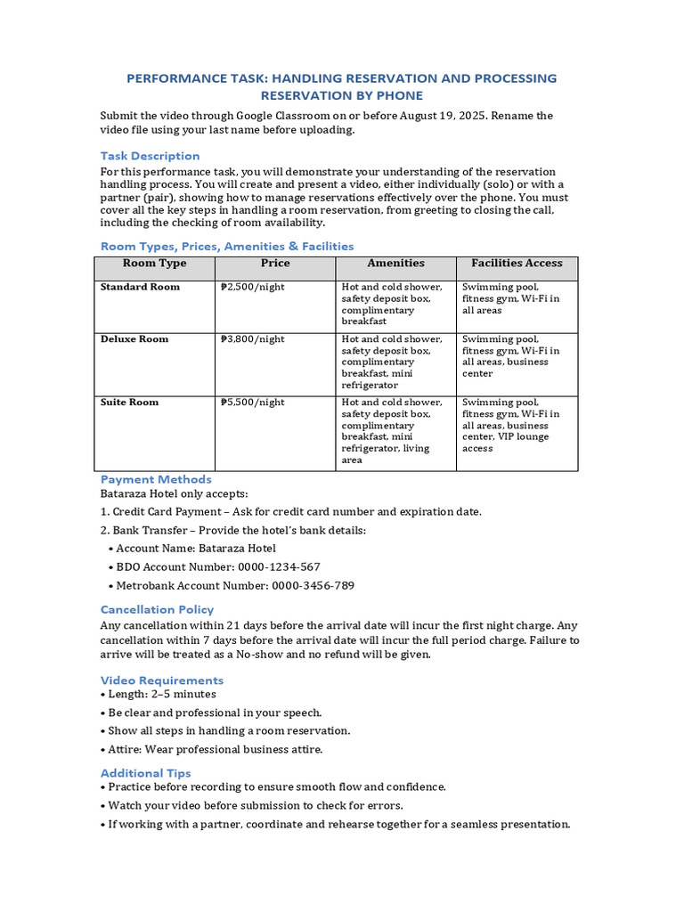 Reservation Performance Task Rubric and Guidelines | PDF | Credit Card