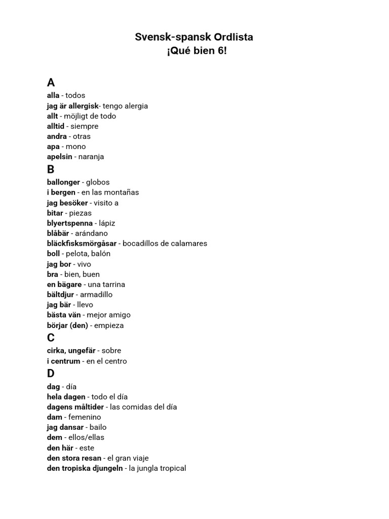 Svensk-Spansk Ordlista - ¡Qué Bien 6 | PDF