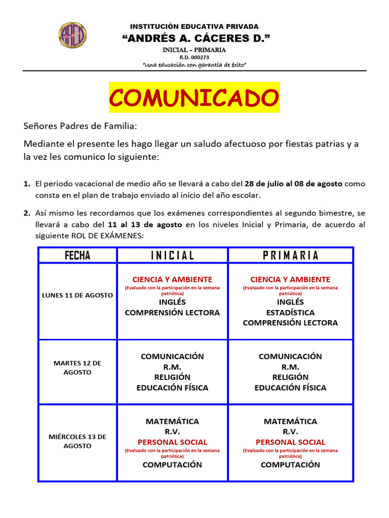 Rol de Examenes-Segundo Bimestre-2025 | PDF | Educación primaria