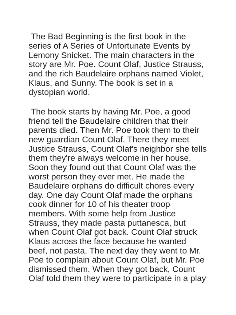 The Bad Beginning Book Summary | PDF