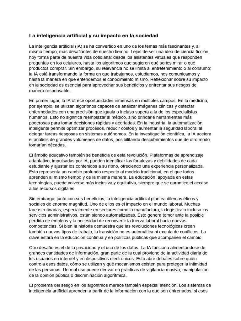 Impacto de la IA en la sociedad actual | PDF | Inteligencia artificial ...