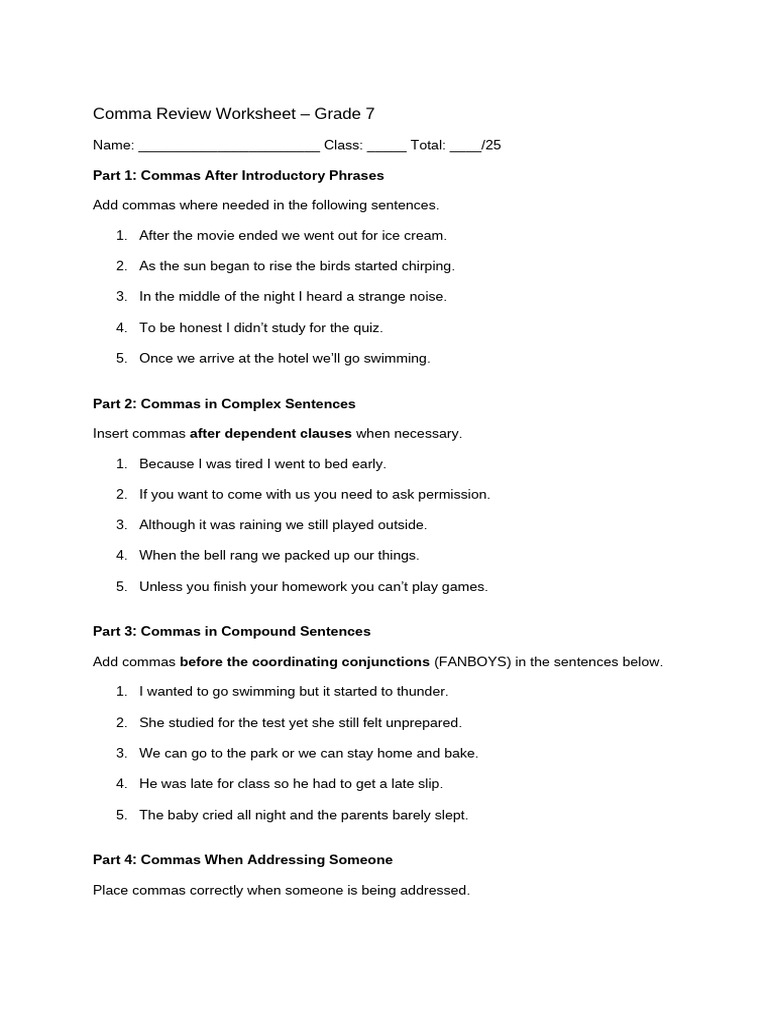 Comma Review Worksheet - Grade 7 | PDF