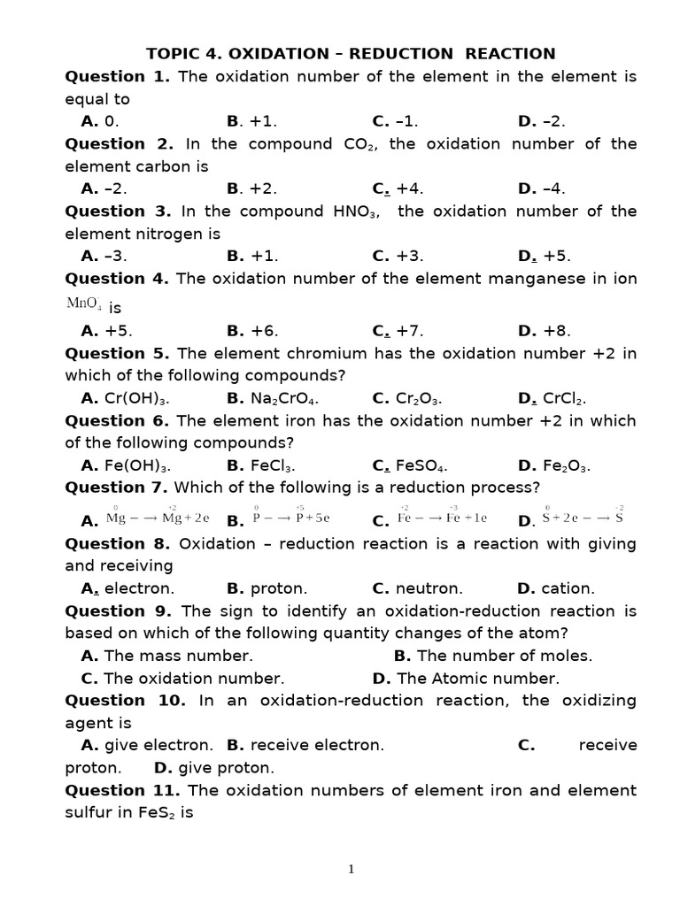 Topic 4. Oxidation - Reduction Reaction | PDF | Redox | Chemical Reactions