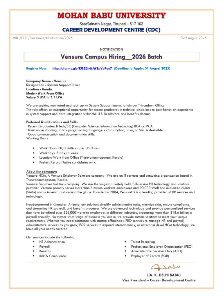 Vensure Internships for 2026 Graduates | PDF | Human Resource ...