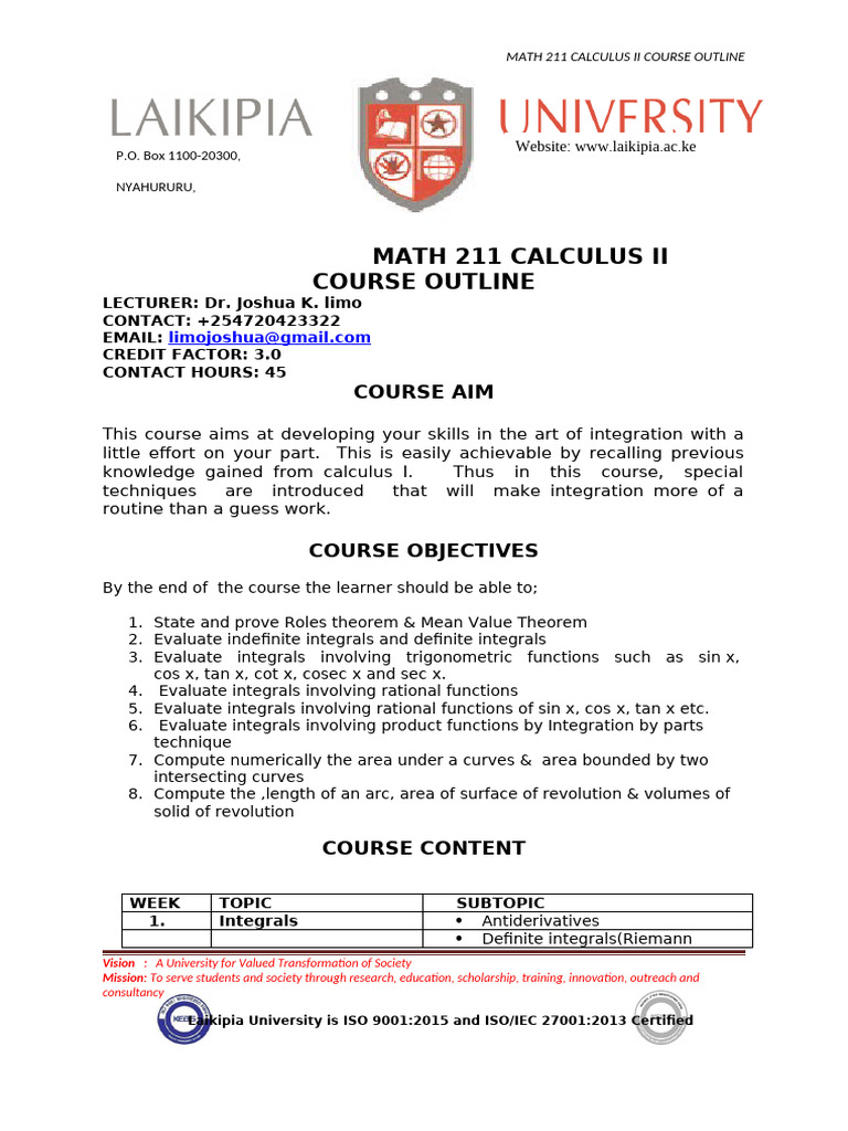 Math 211 Calculus Ii Course Outline | PDF | Integral | Calculus