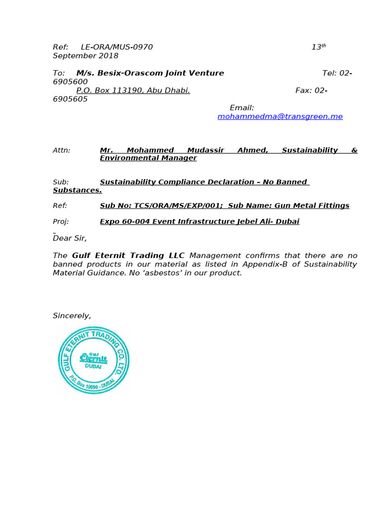 Letter of Compliance - Banned Materials | PDF