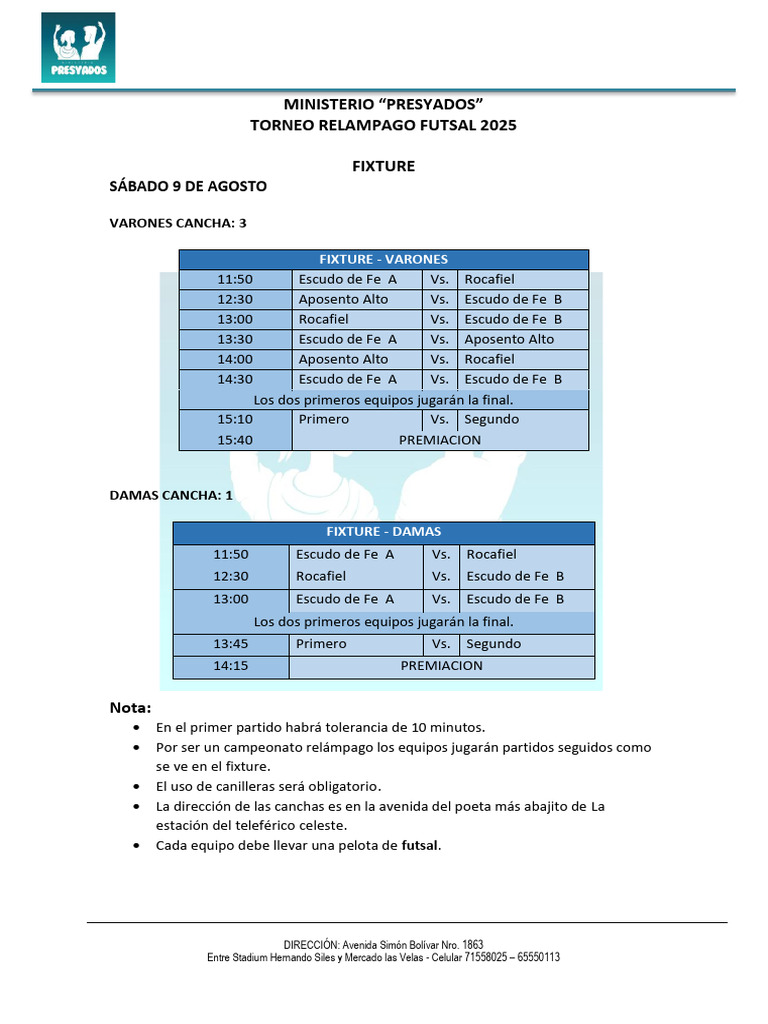 Fixture Campeonato Relámpago Futsal 2025 | PDF