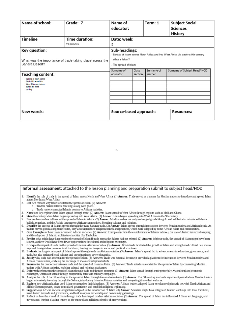 2 Grade 7 History Term 1 Lesson Plan | PDF | Trade | Africa