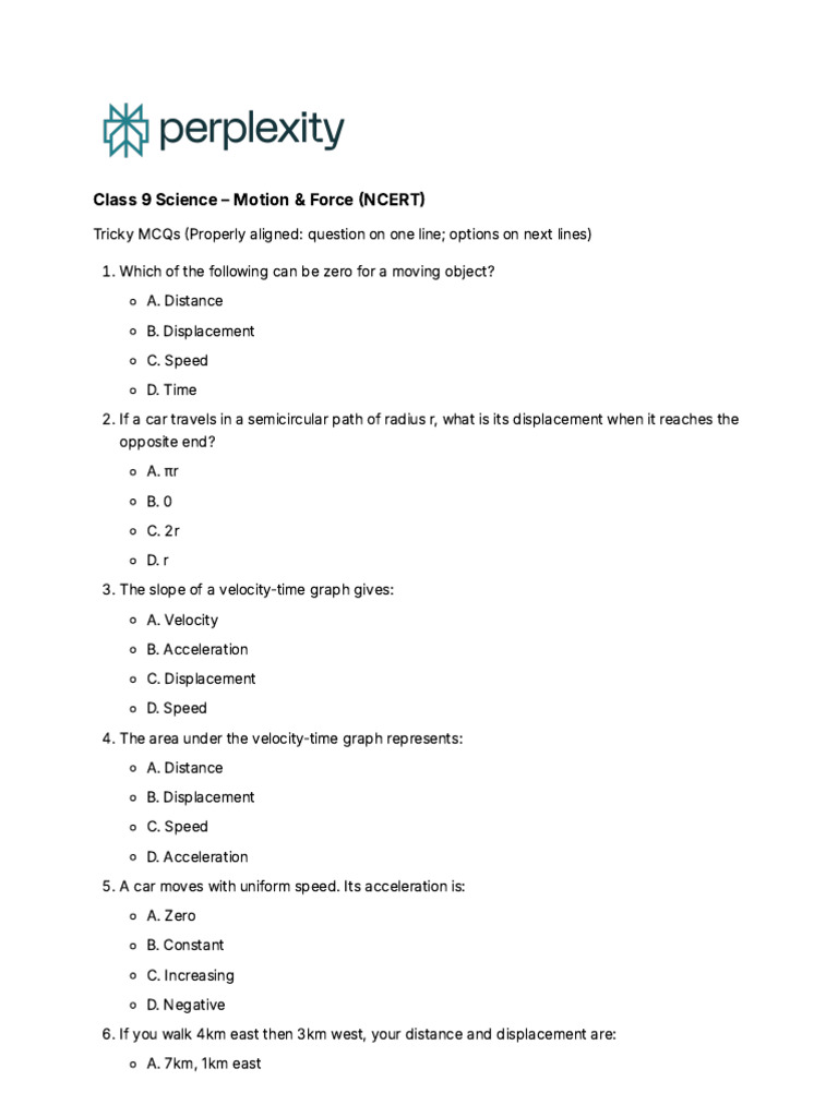 Class 9 Science MCQs on Motion & Force | PDF | Acceleration | Velocity