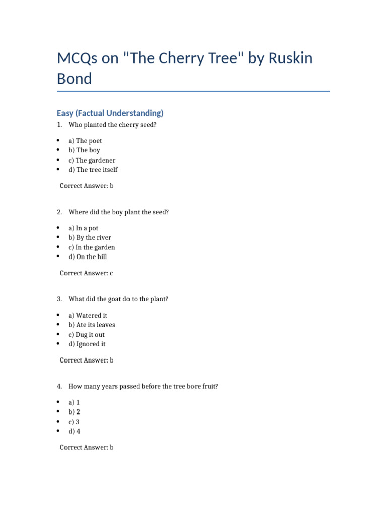 The Cherry Tree MCQs Ruskin Bond | PDF | Poetry