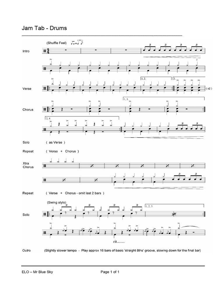 Drum Lesson ELO MR Blue Sky | PDF