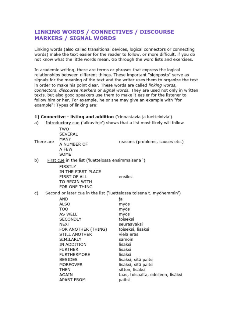 Linking Words - Connectives - Discourse Markers - Signal Words | PDF