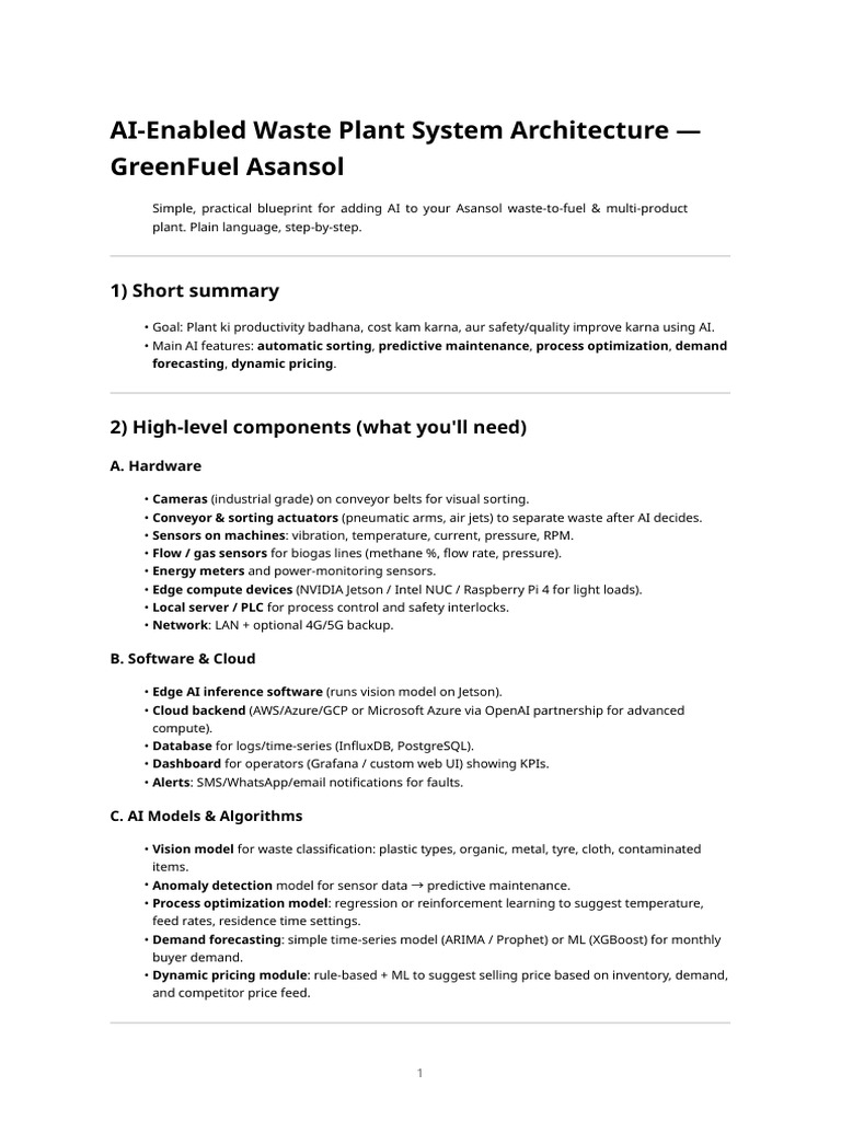 Ai-Enabled Waste Plant System Architecture — Green Fuel Asansol | PDF ...