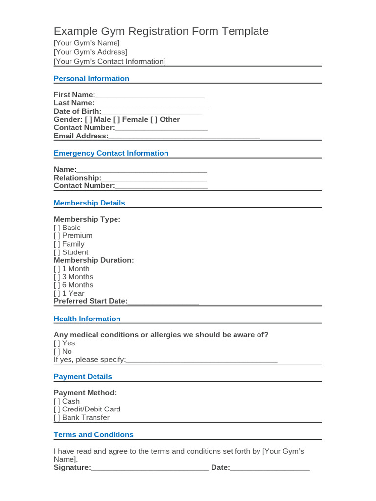 Example Gym Registration Form Template | PDF