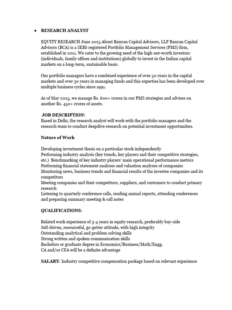 Research Analyst Role at Banyan Capital | PDF