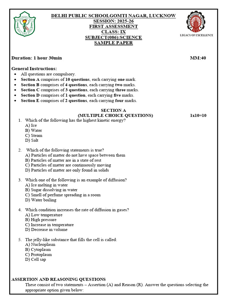 Class IX Science Sample Paper 2025-26 | PDF | Cell (Biology) | Temperature