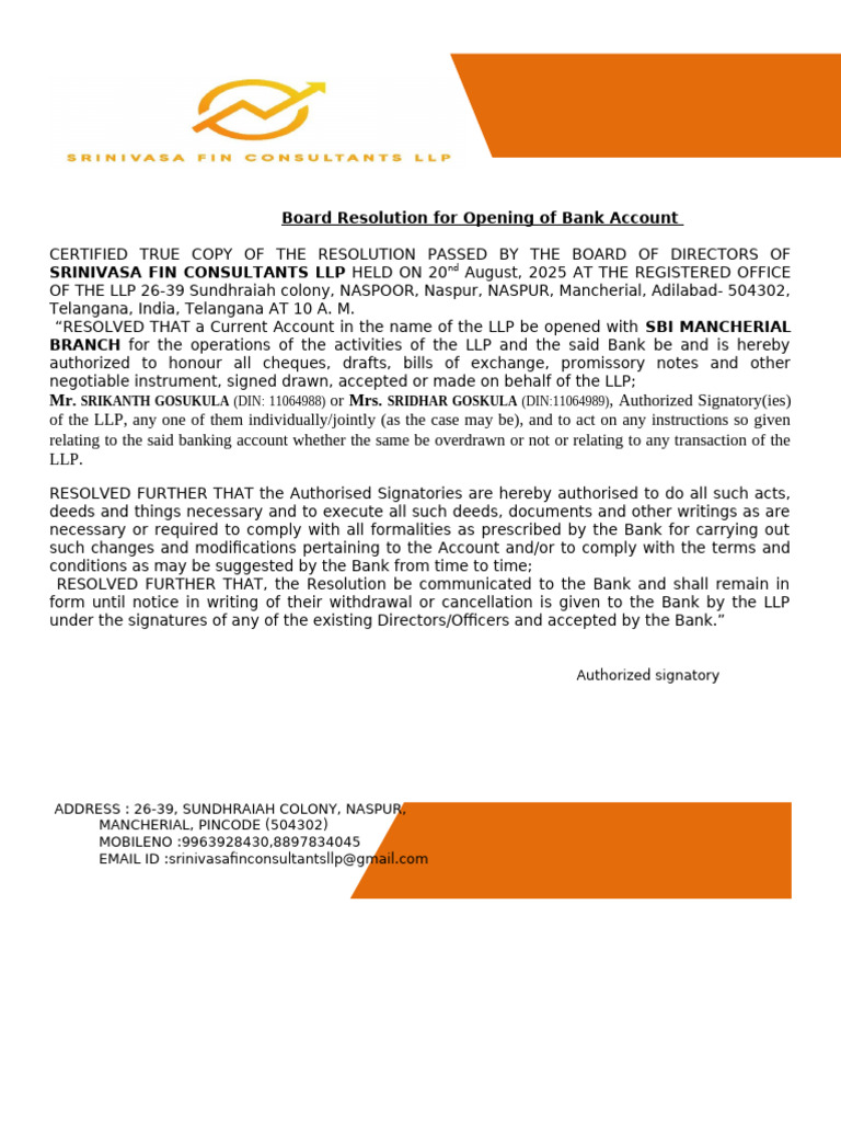 SBI Bank Account Opening Resolution | PDF
