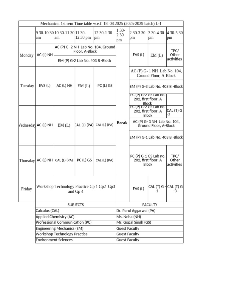 Time Table 1st Sem 2025 Batch June-Dec 2025 | PDF | Engineering | Physical Sciences