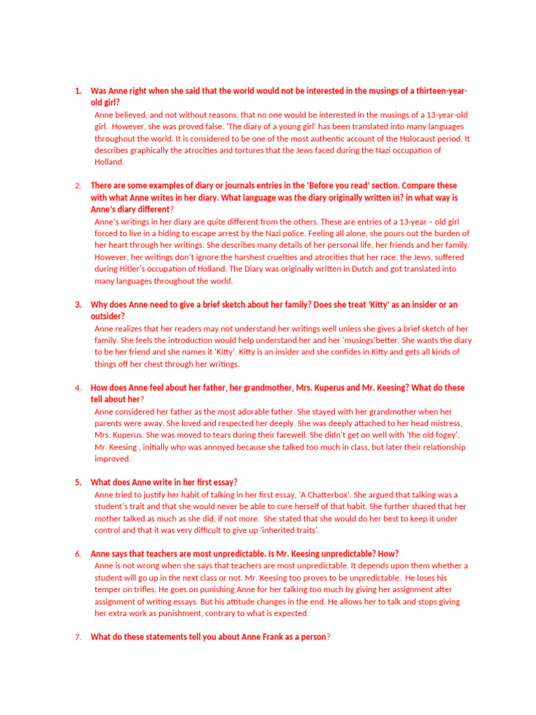 English - Class X - From The Diary of Anne Frank - Question-Answers | PDF