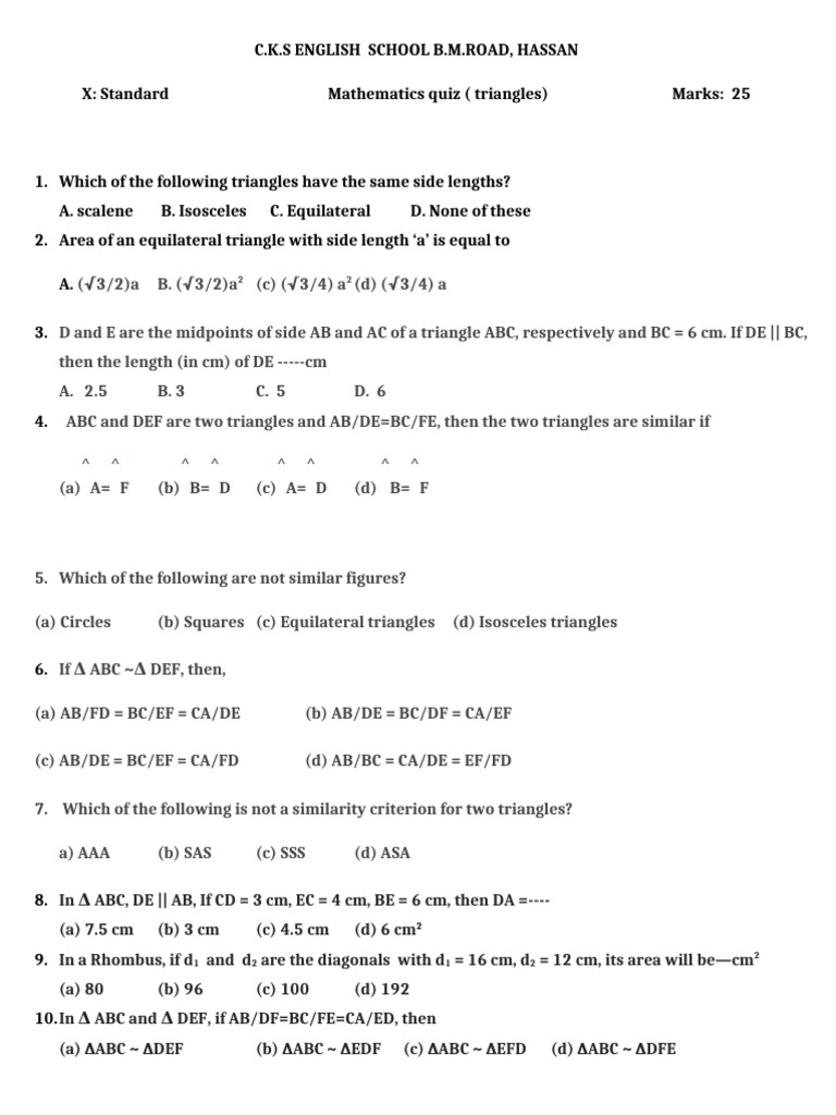 Triangles MCQ For Class 10 | PDF | Triangle | Euclid