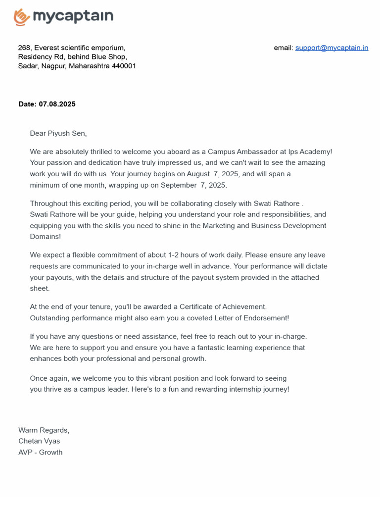 MyCaptain Ambassadorship Admission Certificate - Piyush Sen | PDF