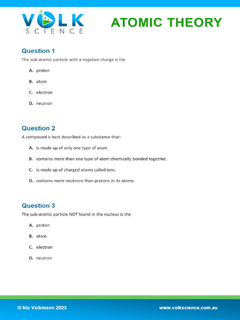 Worksheet 1 - Atomic Theory MC Questions | PDF