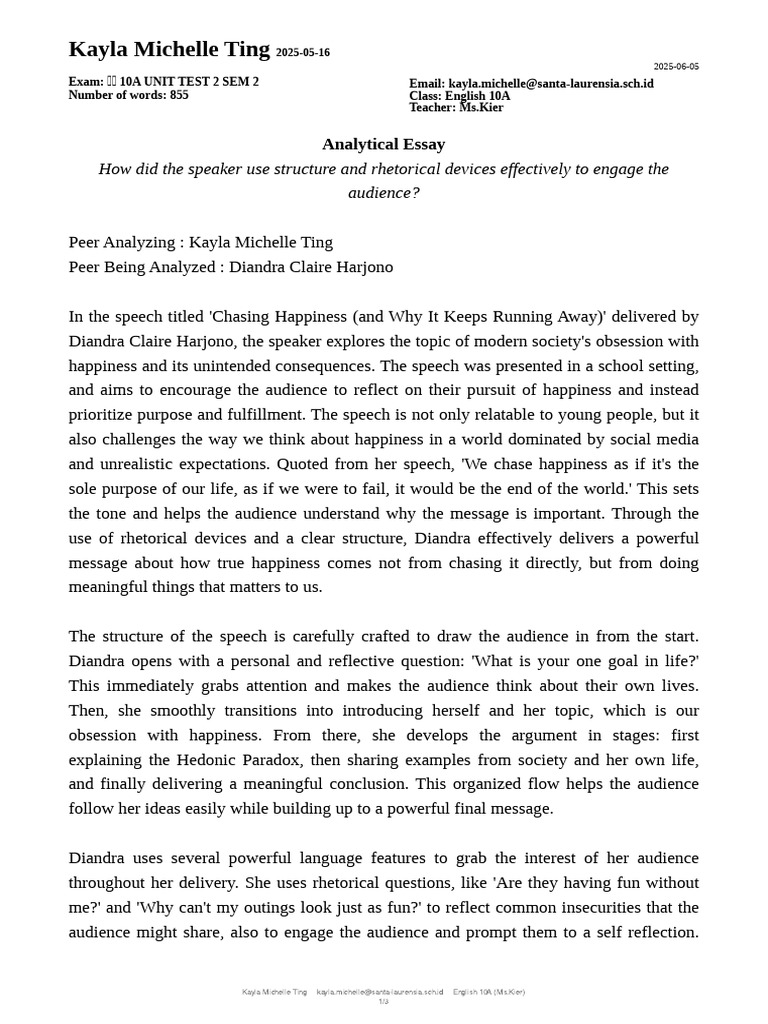 Kayla Michelle Ting ( ? 10A UNIT TEST 2 SEM 2) | PDF | Happiness ...