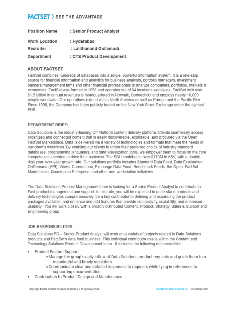FactSet - Senior Product Analyst | PDF | Fact Set | Software Engineering