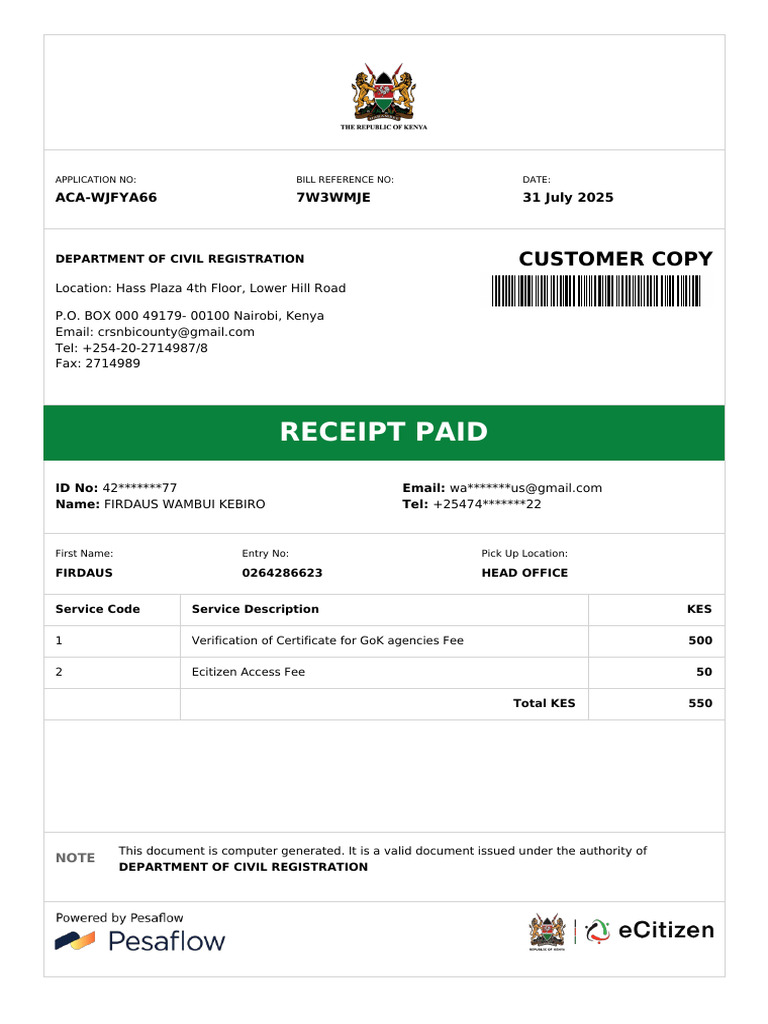 Aca-Wjfya66-Civil Registration Receipt | PDF
