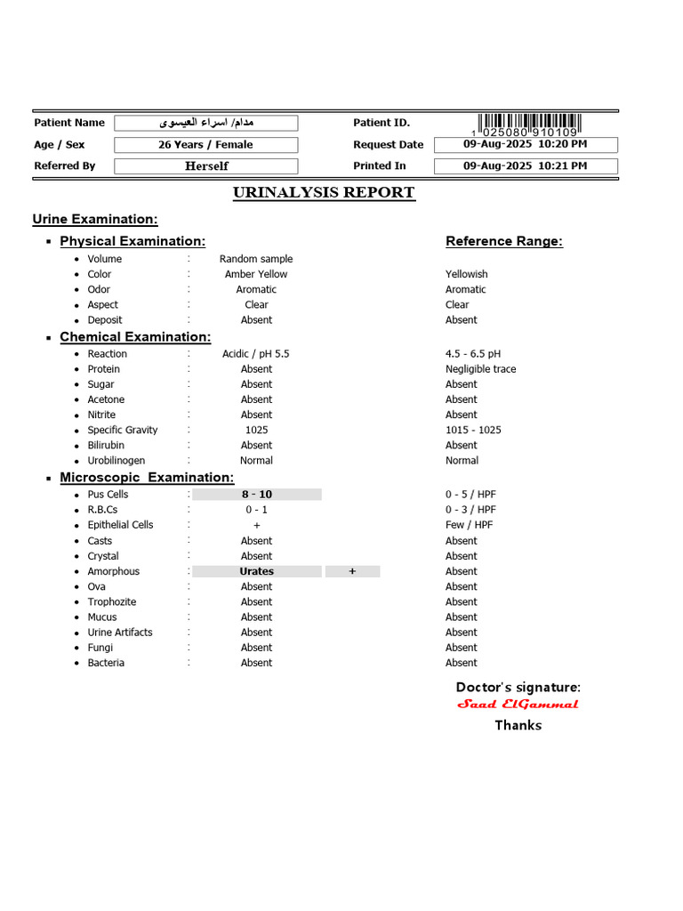 Urinalysis Report: Epithelial Cells Count | PDF