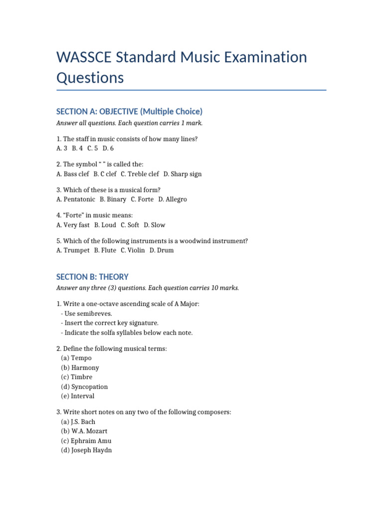 WASSCE Music Examination Questions | PDF