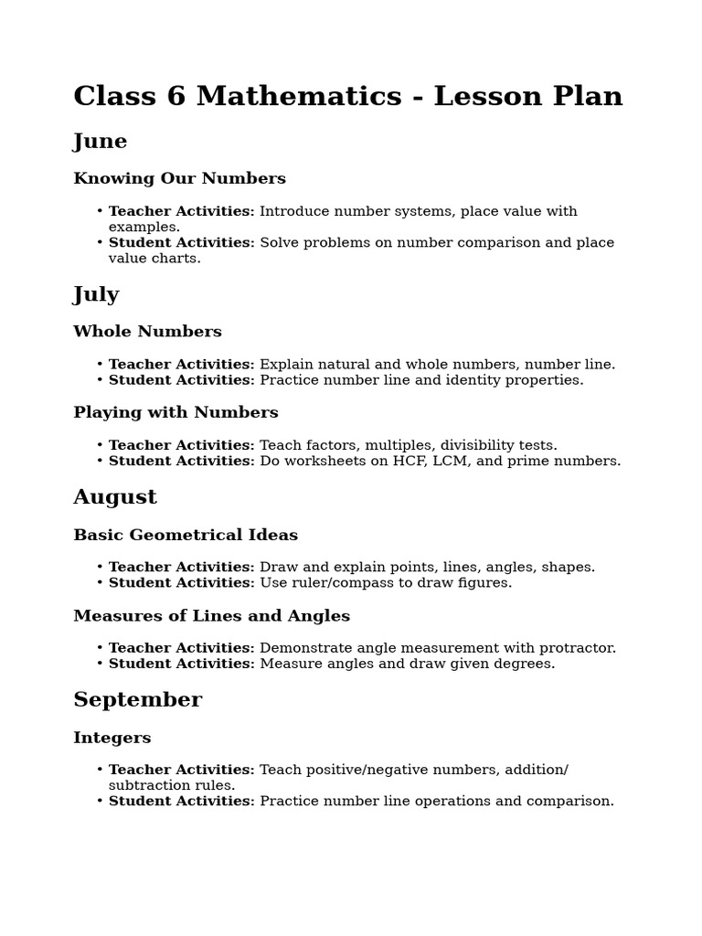 Class 6 Maths Lesson Plan Overview | PDF | Multiplication | Numbers