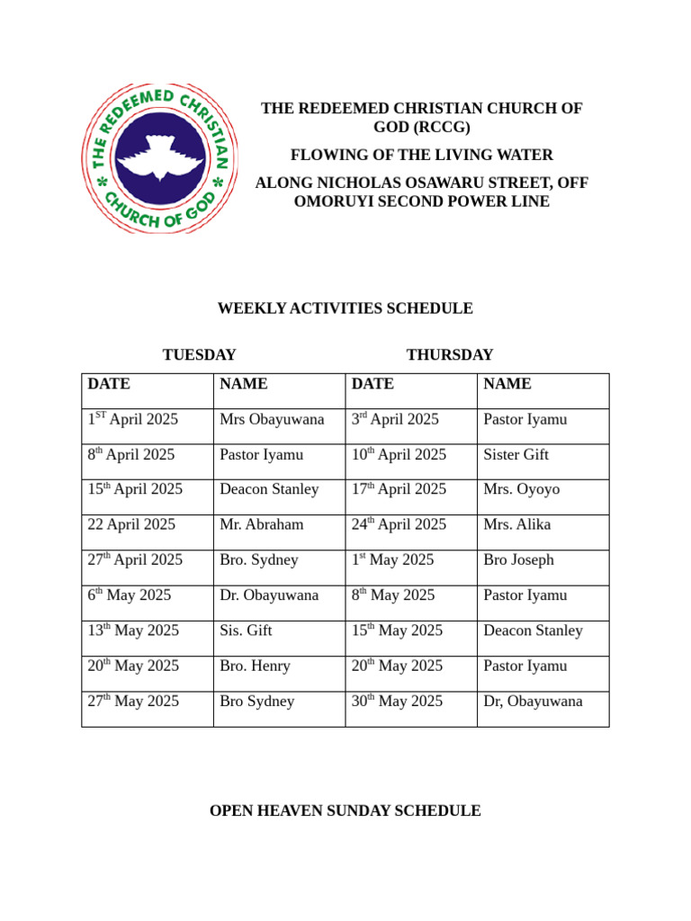 RCCG Weekly Activities Schedule 2025 | PDF