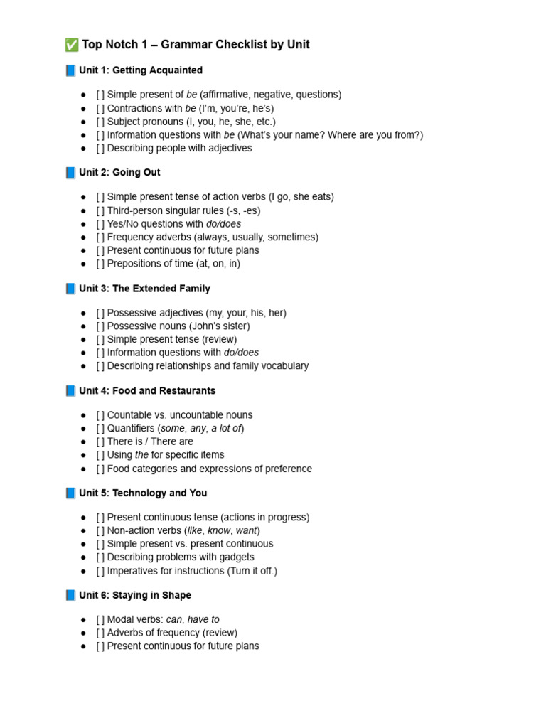 Top Notch 1 Checklist & Interchange 1 | PDF | Noun | Verb