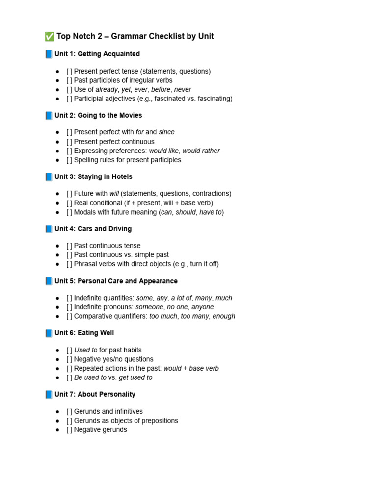 Top Notch 2 Grammar & Vocabulary Checklist | PDF | Verb | Language ...