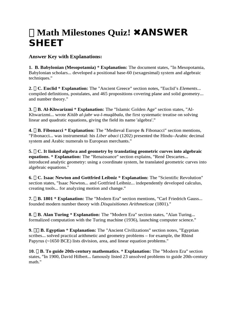 Math Milestones Quiz Answer Key | PDF