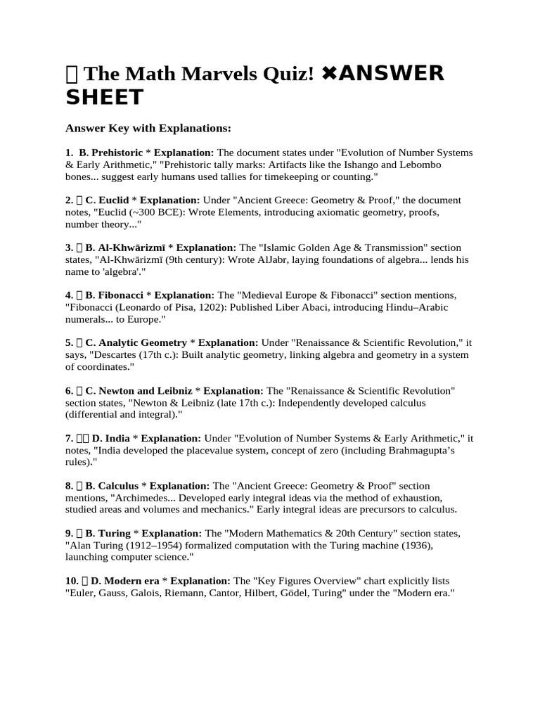 Math Marvels Quiz Answer Key | PDF