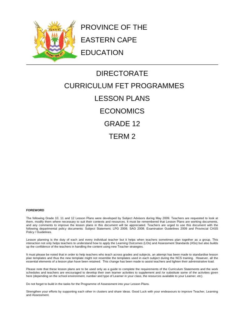 Grade 12 Economics Lesson Plans Term 2 | PDF | Economics | Macroeconomics