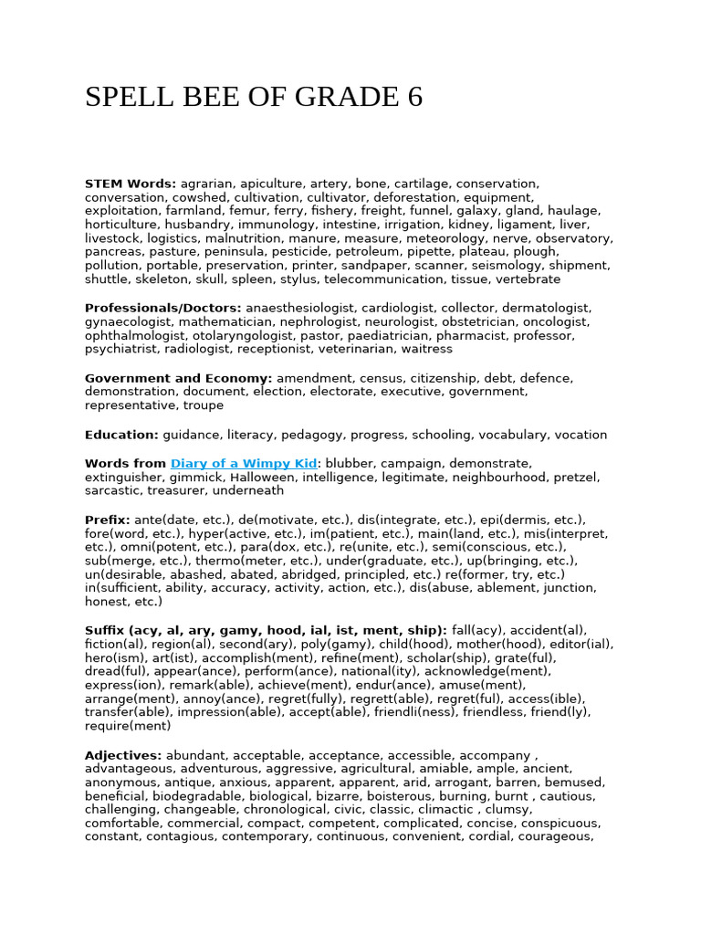 Spell Bee of Grade 6 | PDF