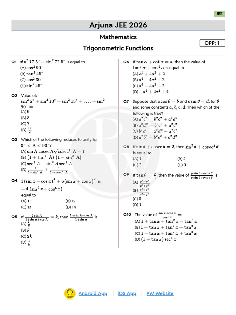 Trigonometric Functions DPP PDF. | PDF | Triangle Geometry | Combinatorics