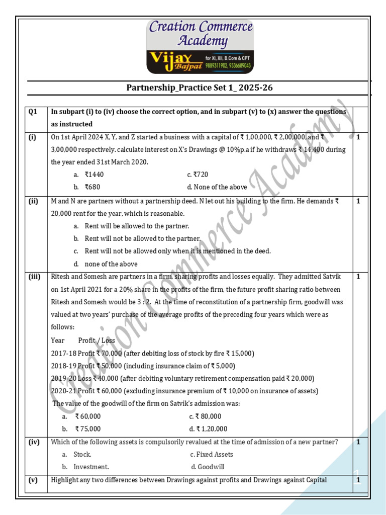 12 Practice Set 1 Partnership 2025-26 PDF | PDF | Goodwill (Accounting) | Investing