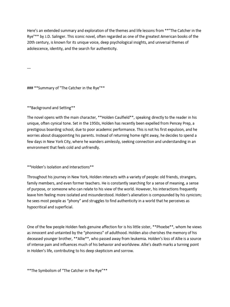 Themes and Summary of Catcher in the Rye | PDF | Psychology ...