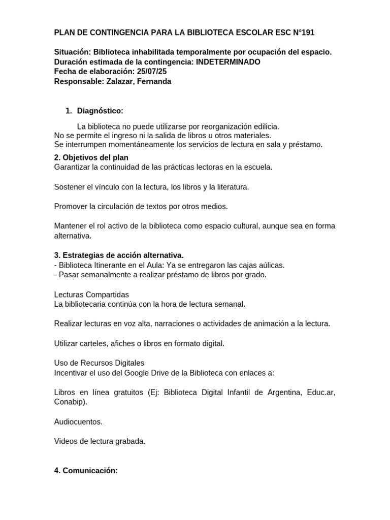Plan de Contingencia para La Biblioteca Escolar Esc N | PDF ...