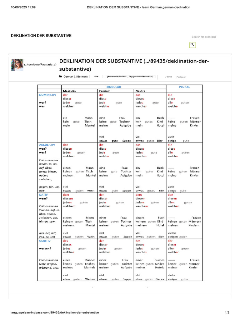 DEKLINATION DER SUBSTANTIVE - Learn German, German-Declination | PDF