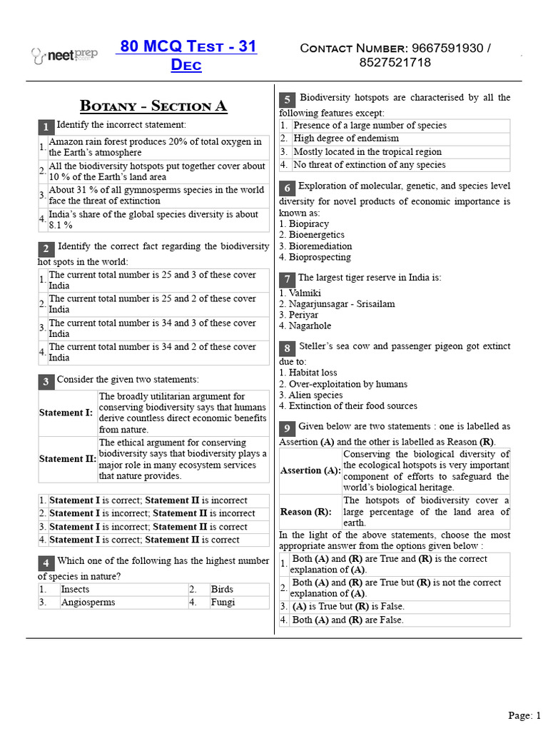 80 MCQ Test - 28 Jan With Electrostatics | PDF | Biodiversity | Capacitor