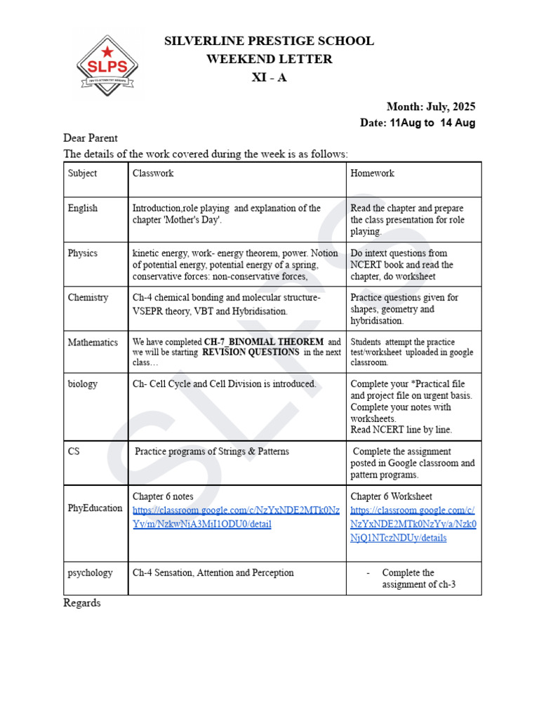 Weekend Letter - 11 Xi A | PDF | Physical Sciences