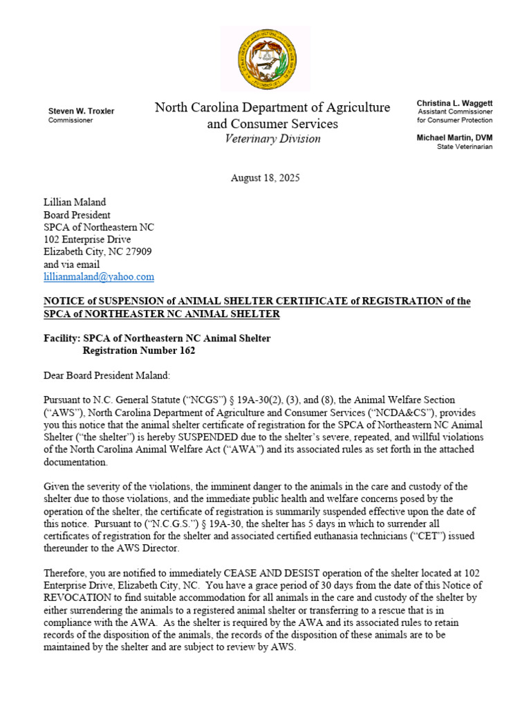 SPCA Northeastern NC Shelter Certificate Suspended | PDF | Dose ...