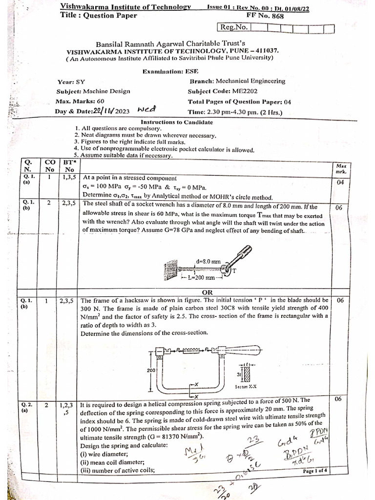 Question Paper MD & M Drawing | PDF